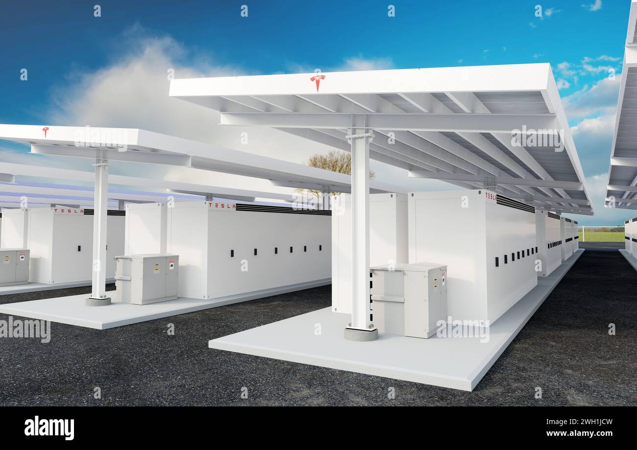 Tesla Megapack site with solar canopy Stock Photo - Alamy