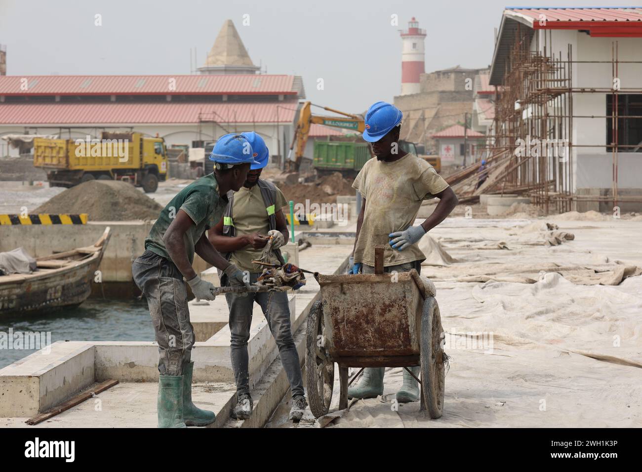 Accra, Ghana. 6th Feb, 2024. Workers work at the construction site of ...