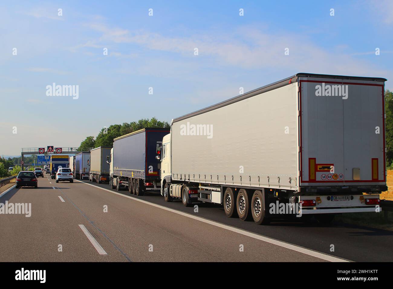 Lorry jam on the highway before border crossing (from Germany to Basel ...