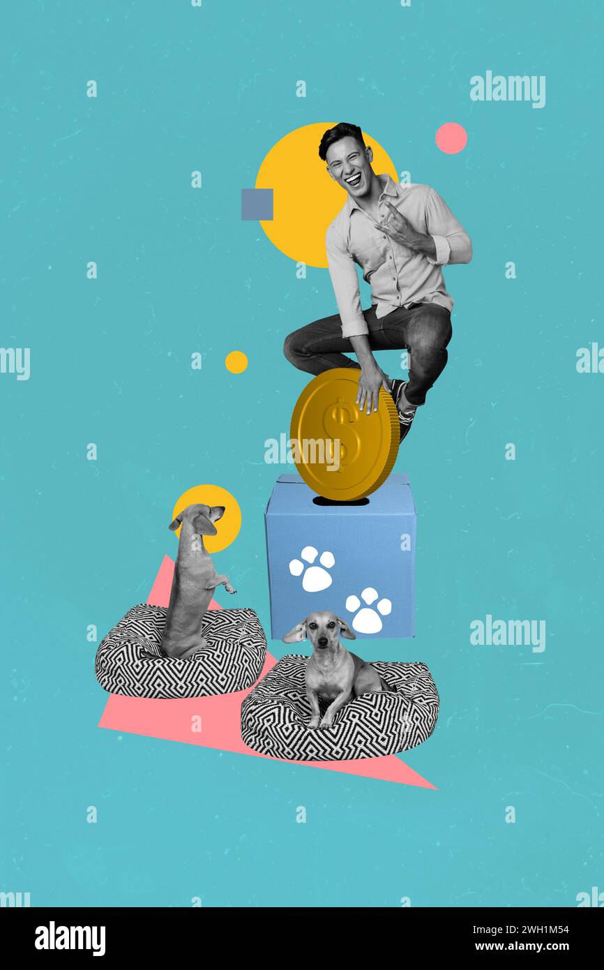 Vertical image collage poster young rich guy donate emoney token ...