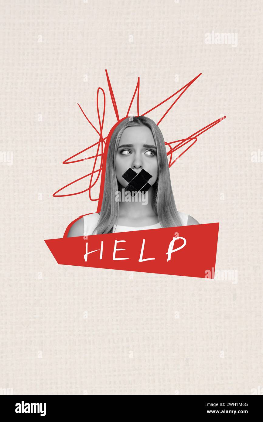 Vertical collage creative poster monochrome effect upset sadness ...