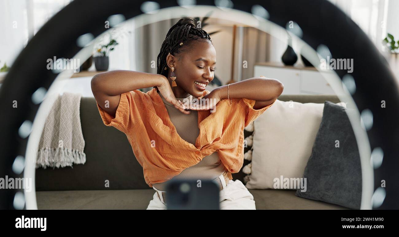 Smile, live streaming and black woman with serum for beauty and open ...