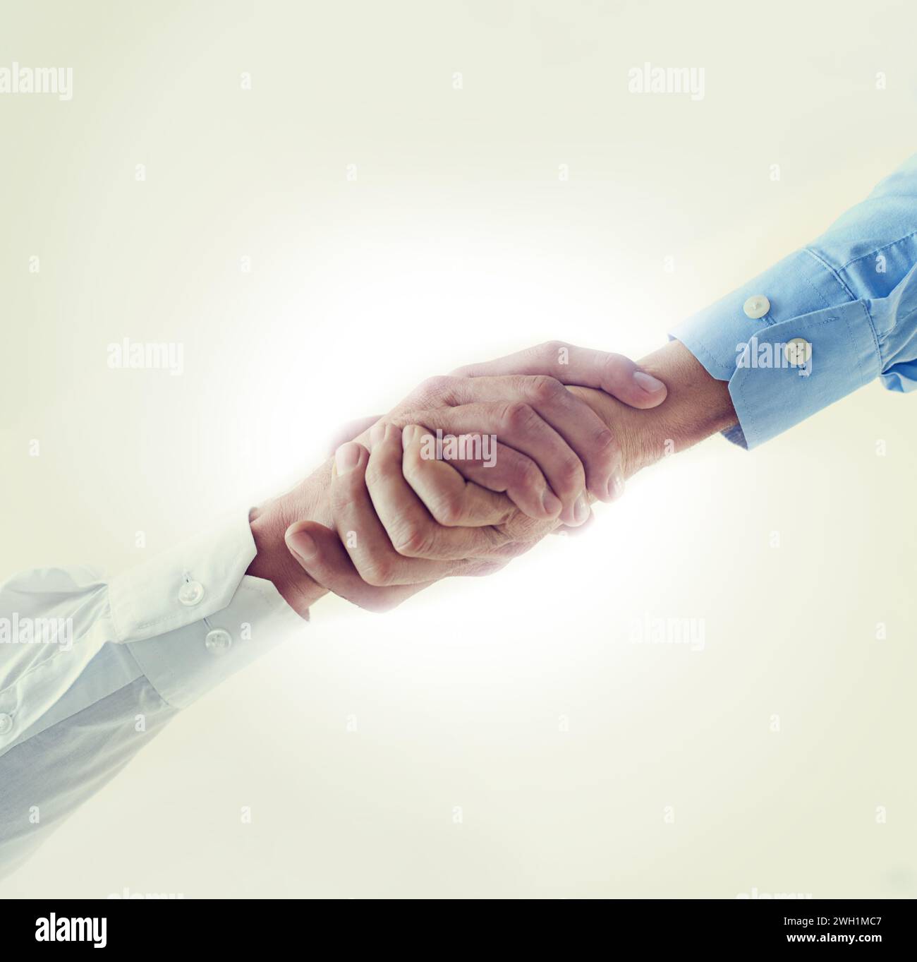 Low angle, business people and handshake with partnership, agreement ...