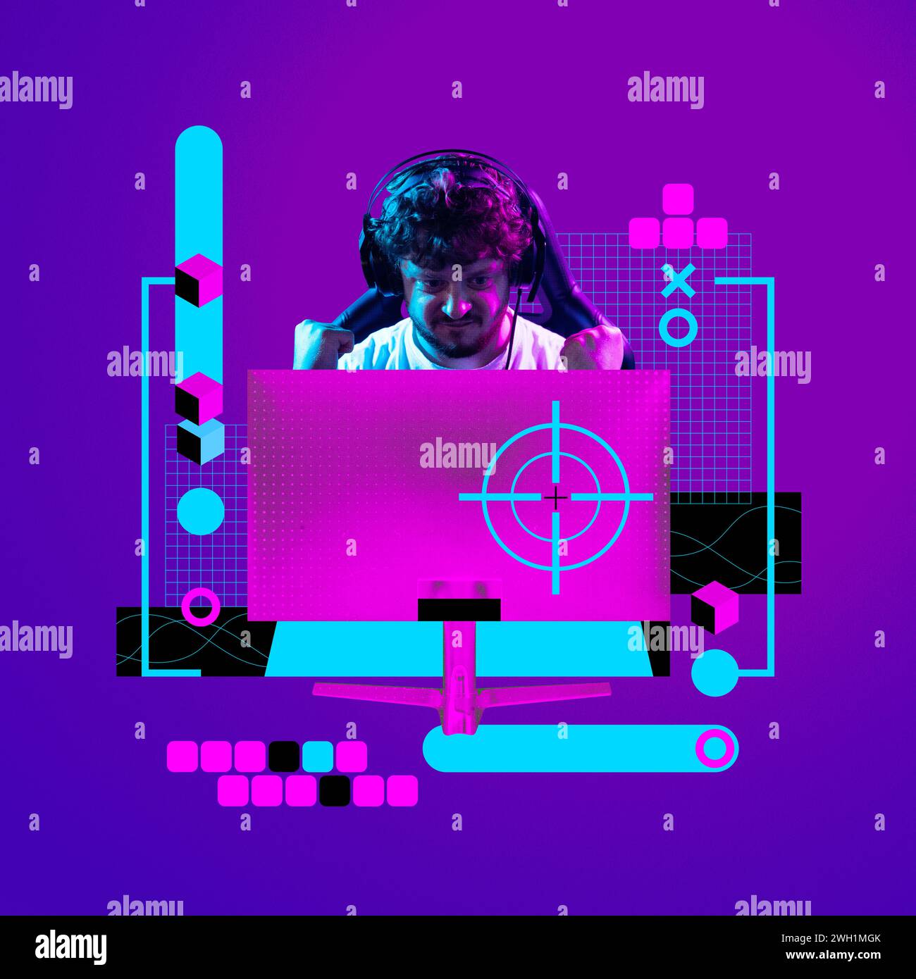 Concentrated male gamer in headphones looking at monitor with winning ...