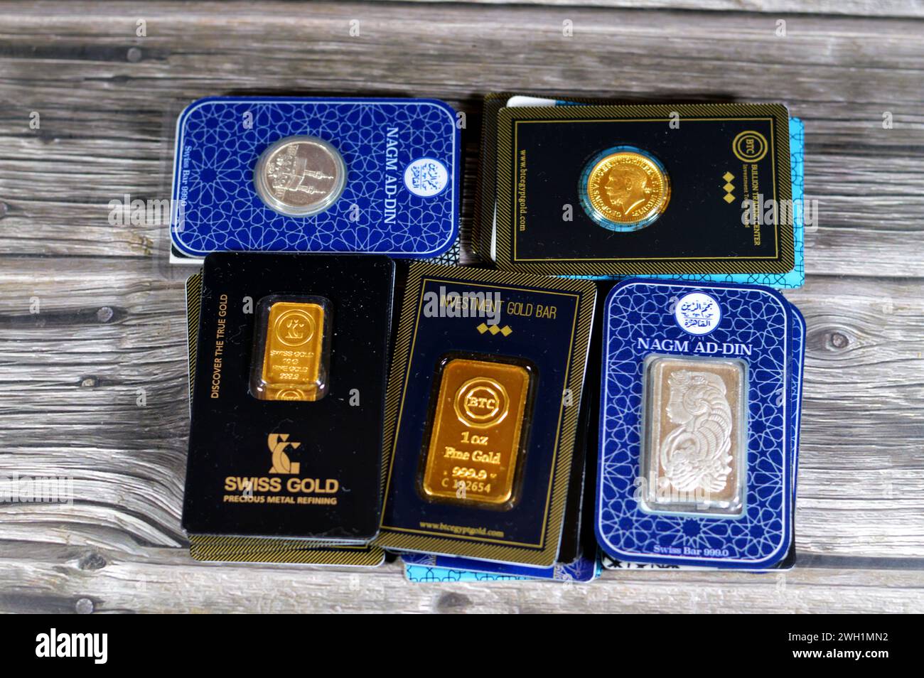 Cairo, Egypt, January 29 2024: BTC, Sam, Swiss gold pure gold, Nagm Ad ...