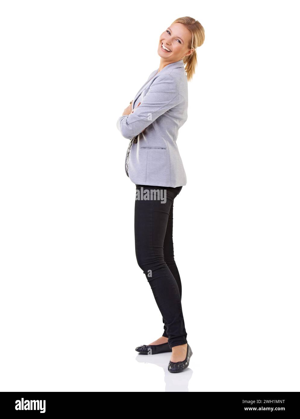 Portrait, smile and arms crossed with business woman in studio isolated ...