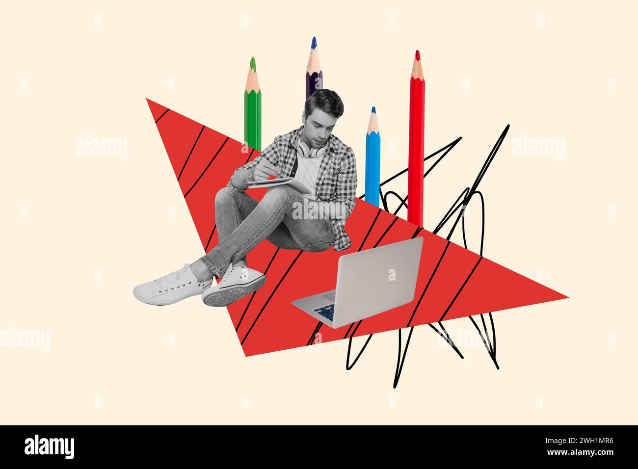 Collage picture illustration image monochrome effect serious unhappy ...