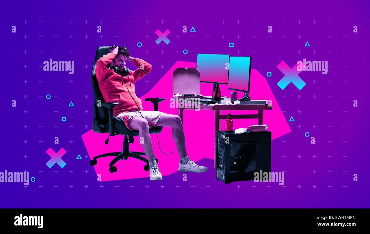 Stressed man, gamer, streamer sitting near monitor setup with pizza box ...