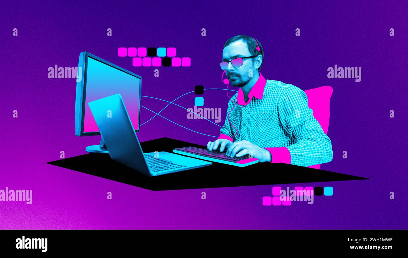 Man, streamer, programmer in headphones typing on keyboard, on monitor ...