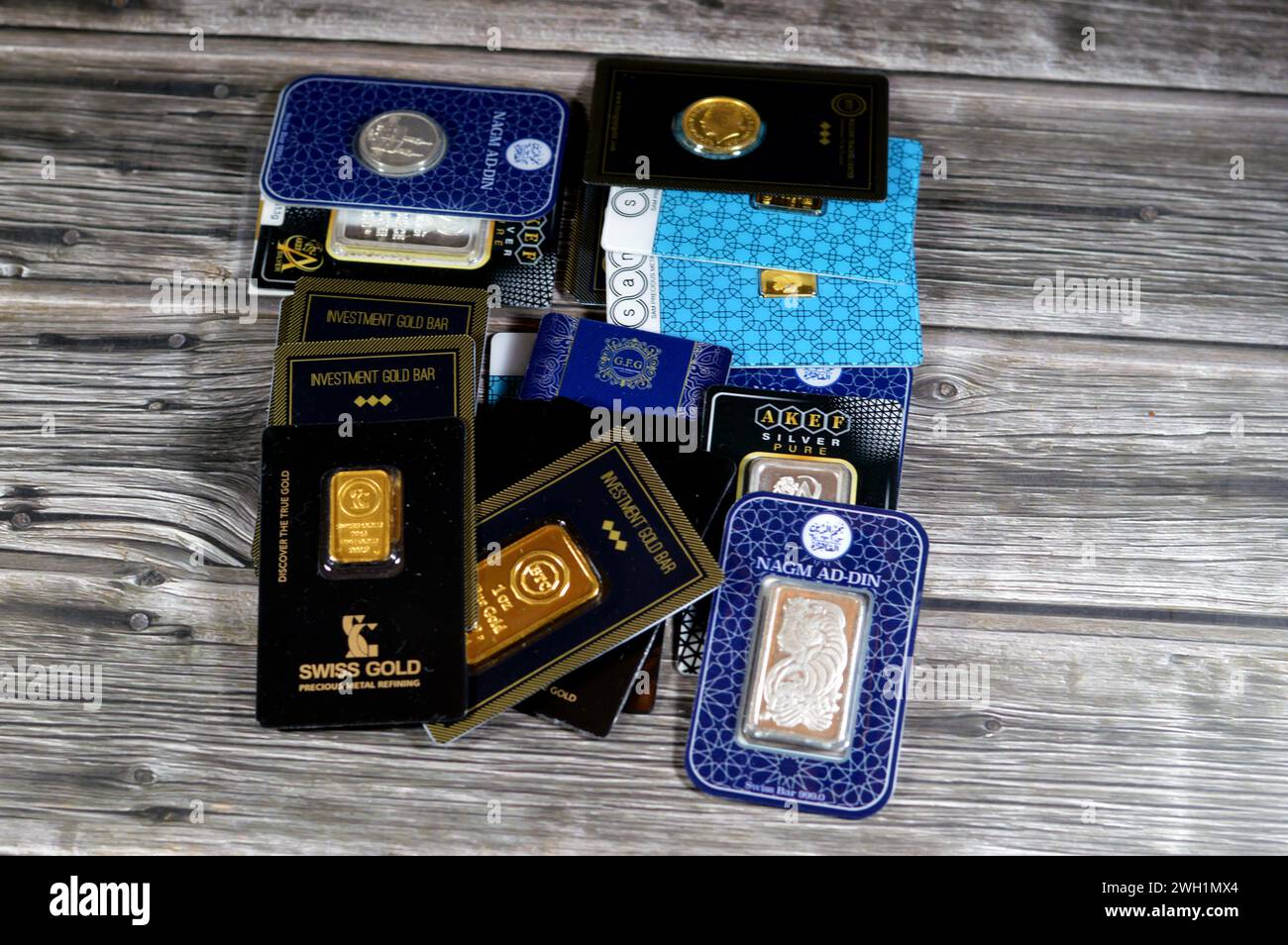 Cairo, Egypt, January 29 2024: BTC, Sam, Swiss gold pure gold, Nagm Ad ...