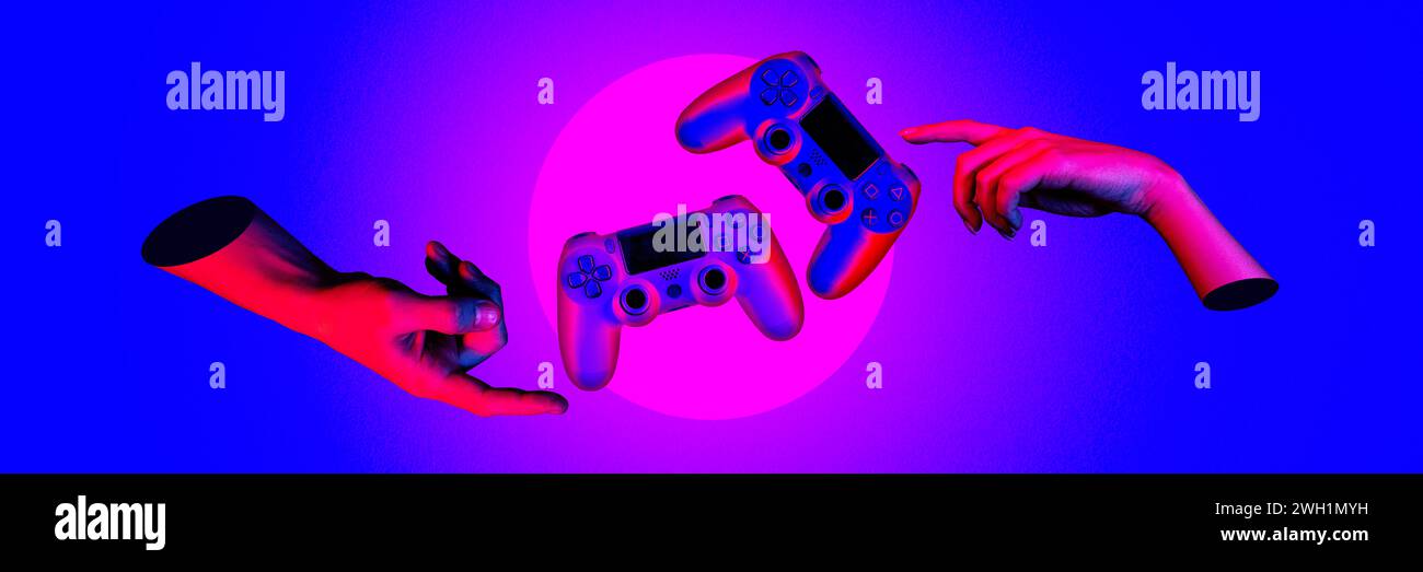Two hands reaching towards floating game controllers against gradient ... Two hands reaching towards floating game controllers against gradient ...