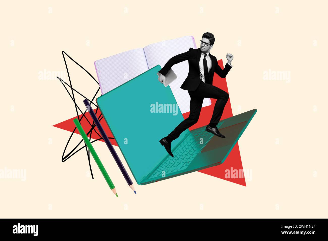 Creative collage picture illustration image handsome serious busy young ...