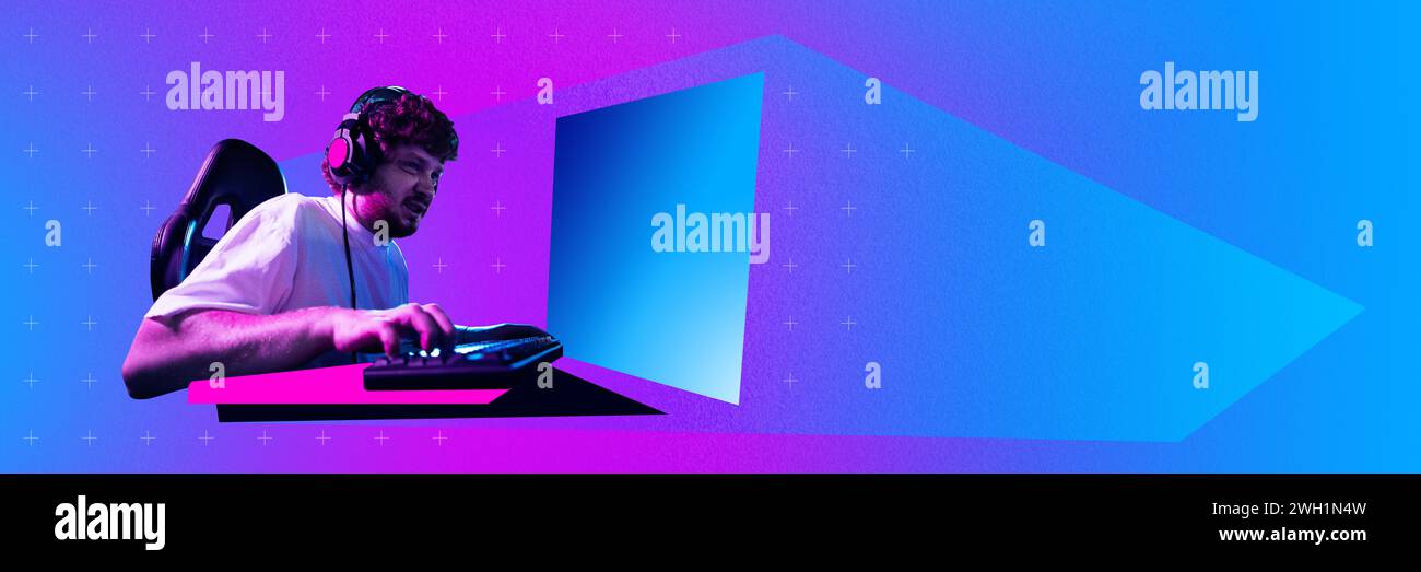 Emotional and concentered young man, streamer, gamer during game ...