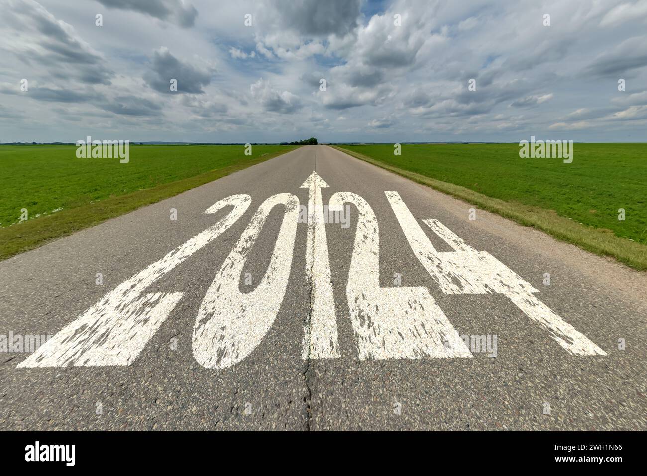 sign 2023, 2024 and start on asphalt road highway with sunrise or ...