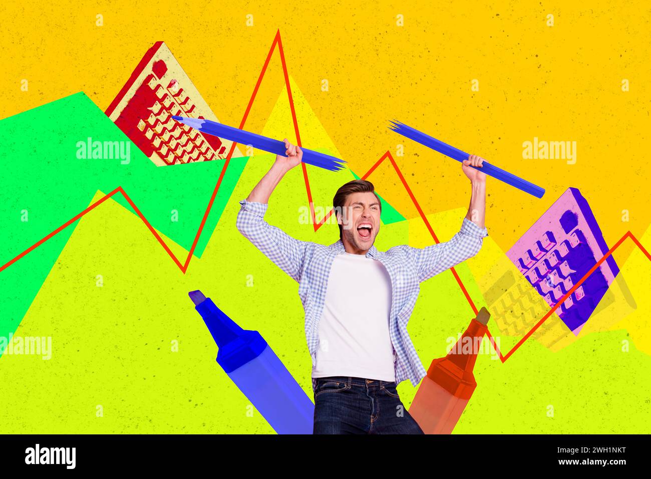 Collage picture image young irritated aggressive man breaking pencil ...