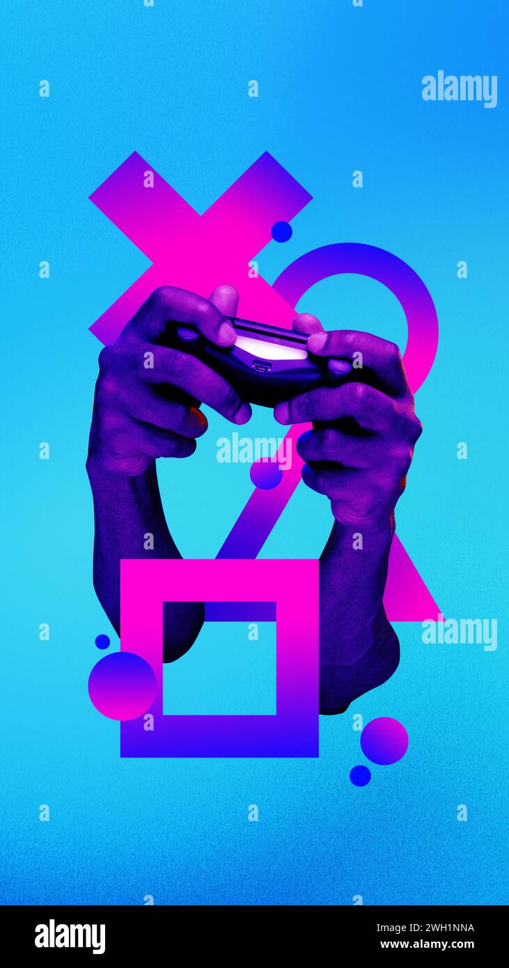 Hands holding game controller with geometric shapes against gradient ...