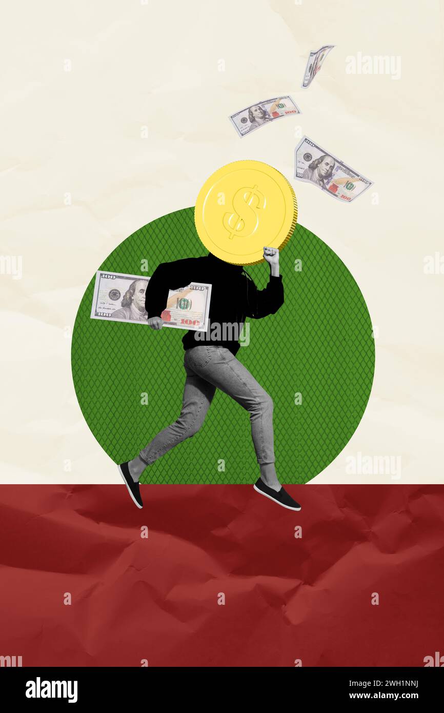 Vertical collage illustration poster black white effect headless coin ...