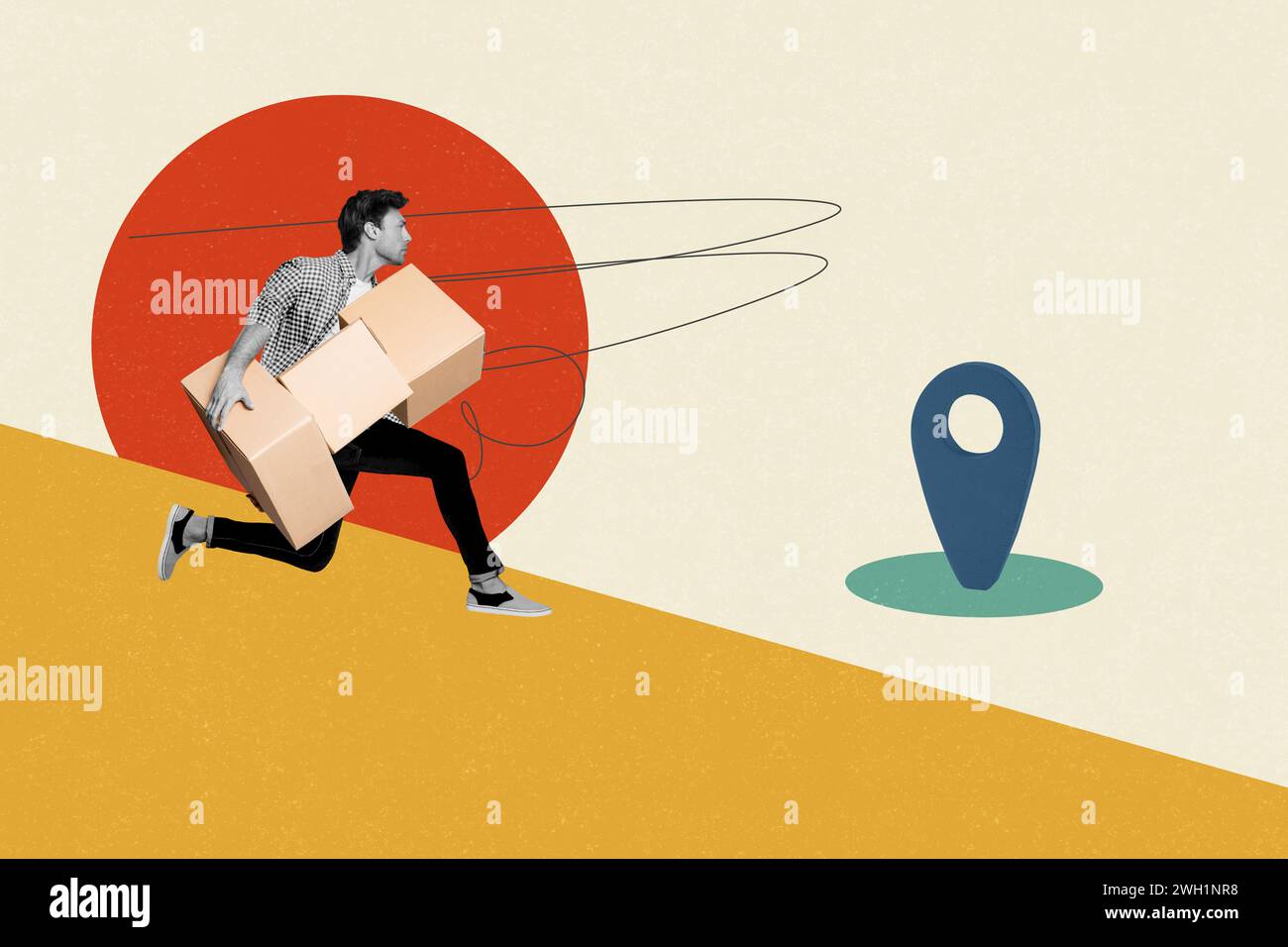 Photo collage creative picture young running man courier postman ...