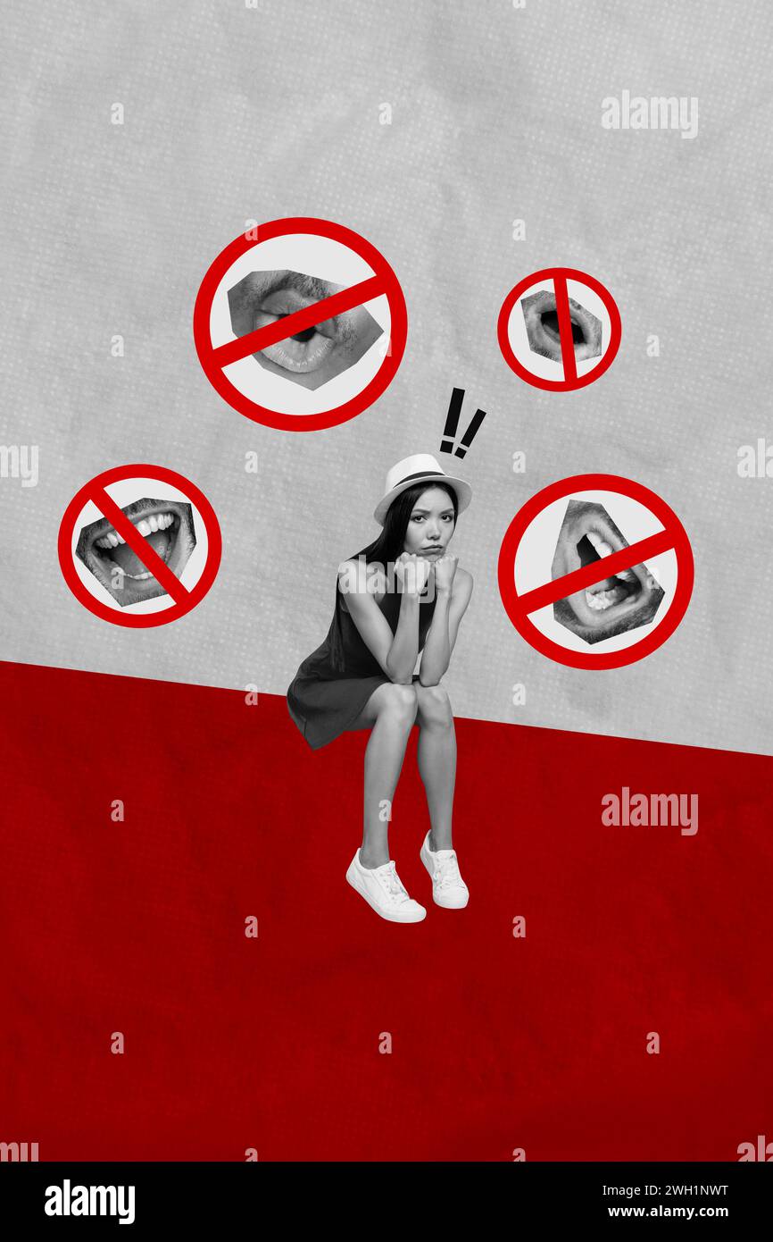 Vertical creative poster banner young sitting upset girl woman rights ...