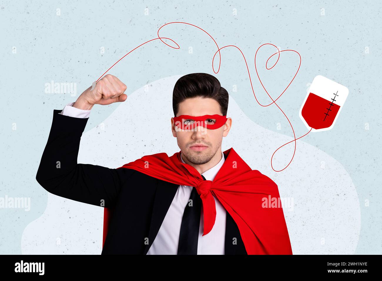 Photo collage image young guy businessman wear red mantle mask ...