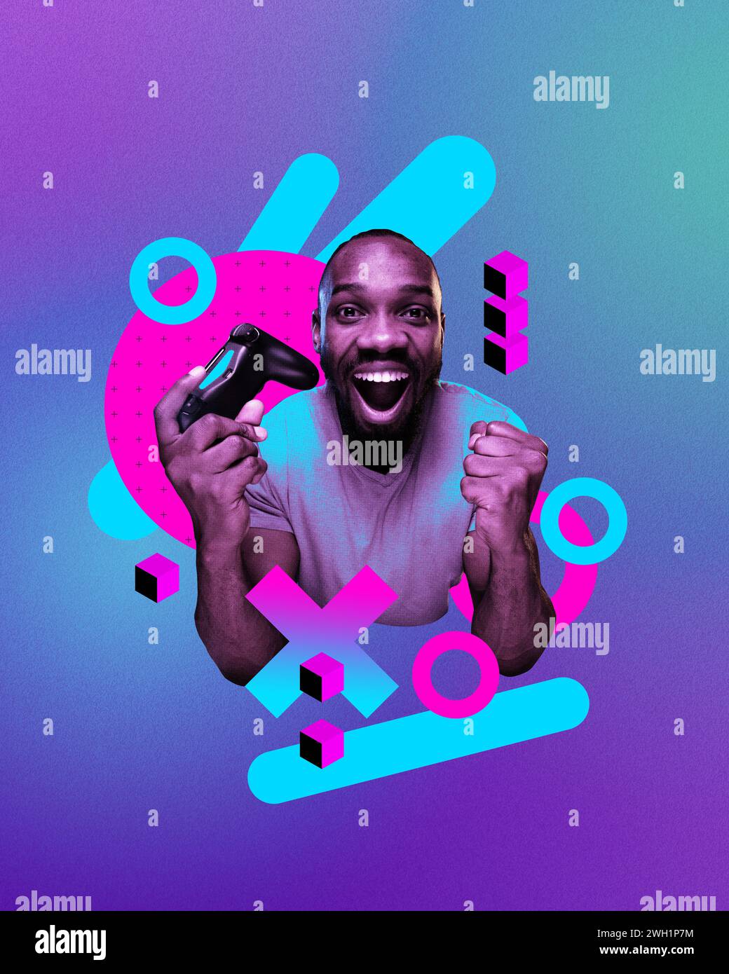 Happy smiling African man with game controller showing winning emotions ...