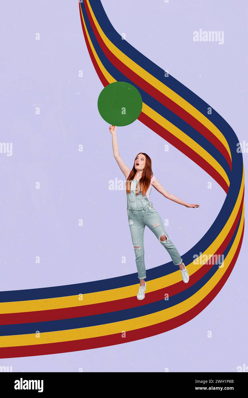 Vertical creative collage poster young excited girl touch geometric ...