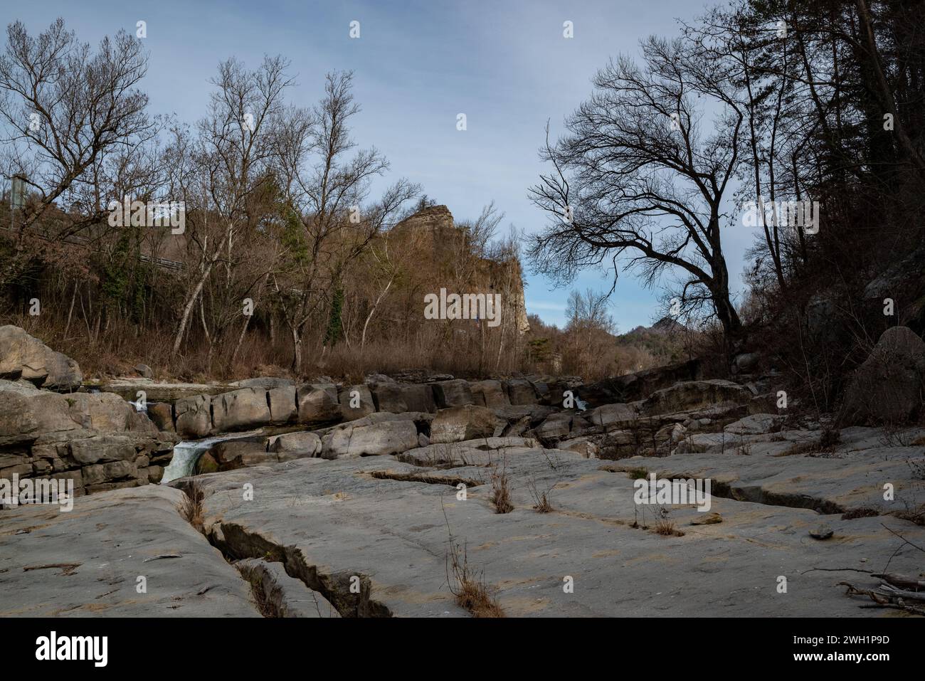 The semi dry riverbed of the Ter river as it passes by Montesquiu ...
