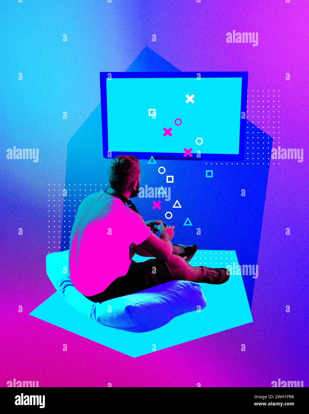 Man sitting on floor with came controller and playing online games on ...