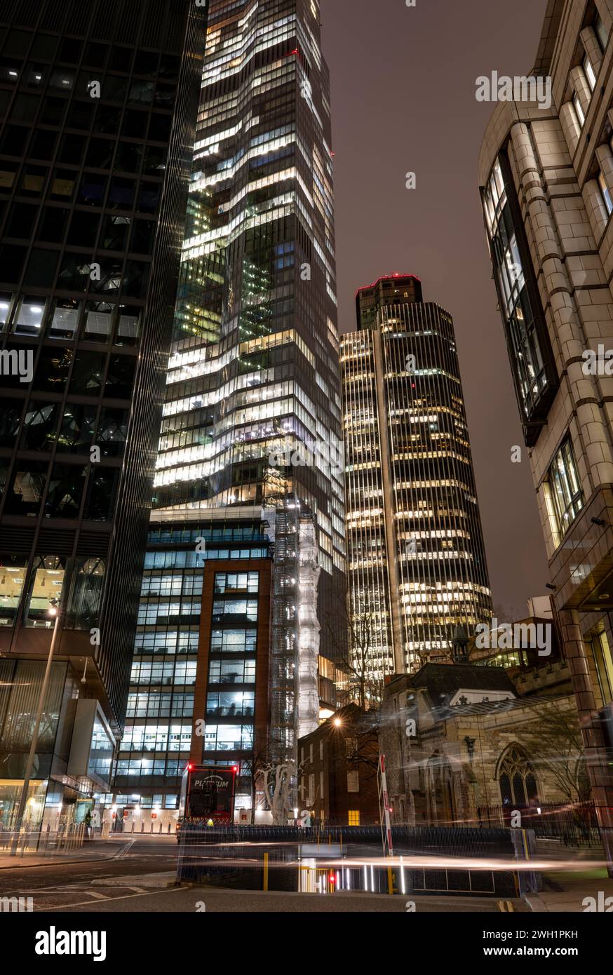 London. UK-02.02.2024. A night time view of Tower 42 in the City of ...