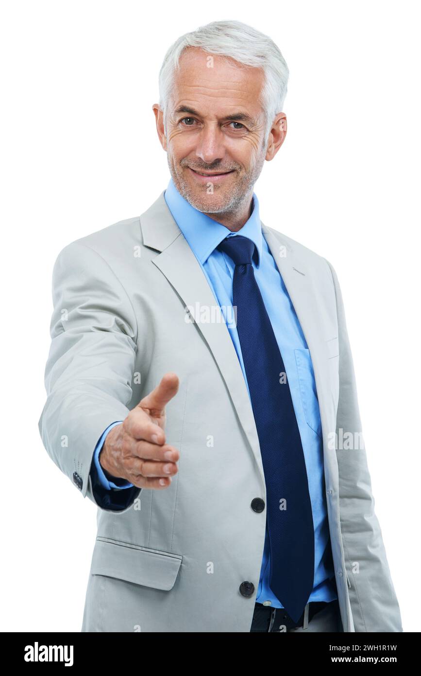 Senior businessman, portrait and handshake offer for introduction ...