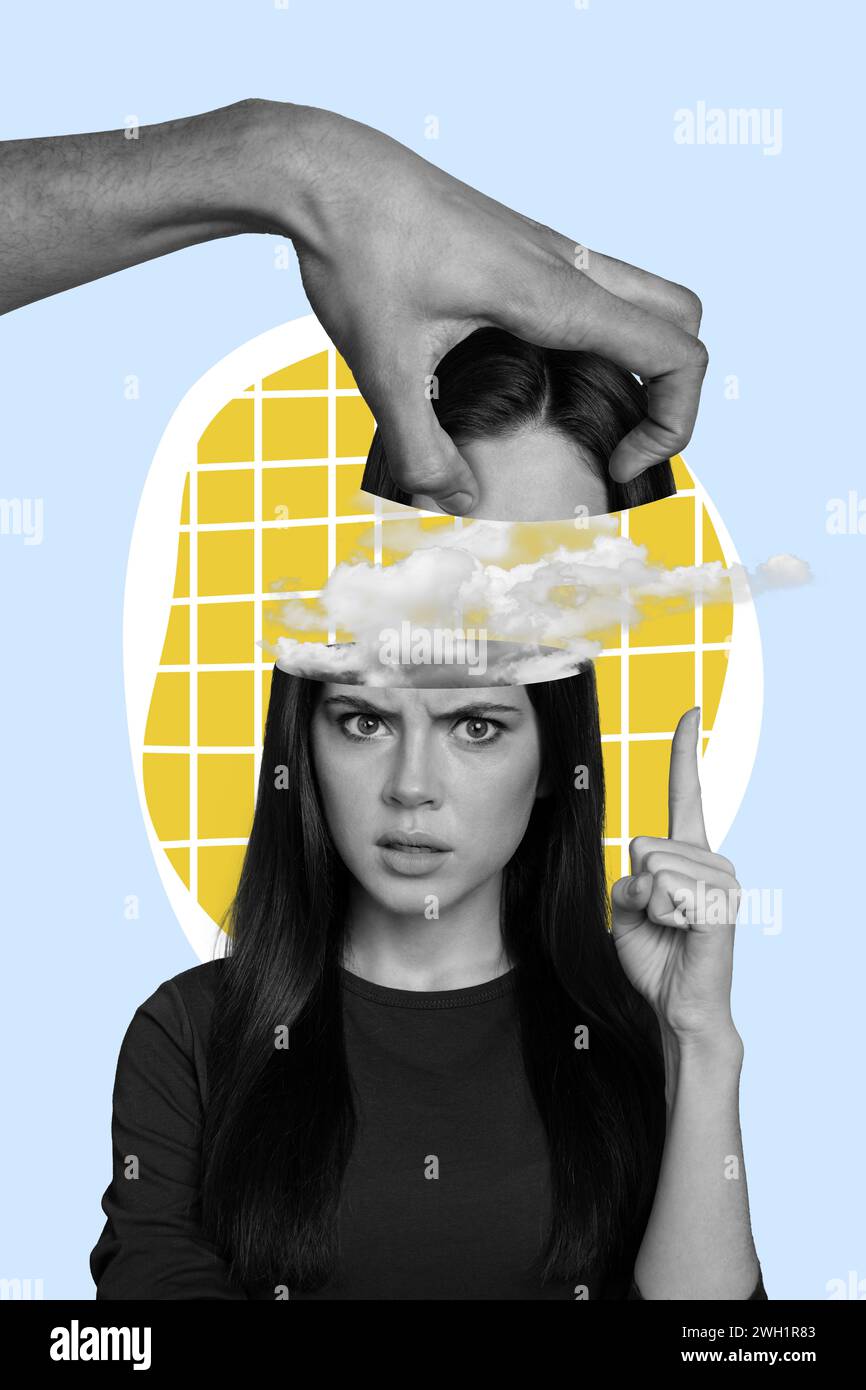 Collage art picture of aggressive young funny woman point finger up ...