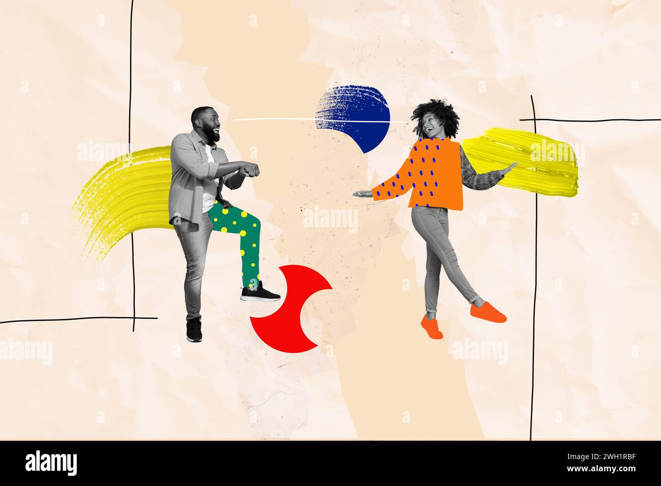 Photo collage artwork minimal picture of funny funky couple dancing ...