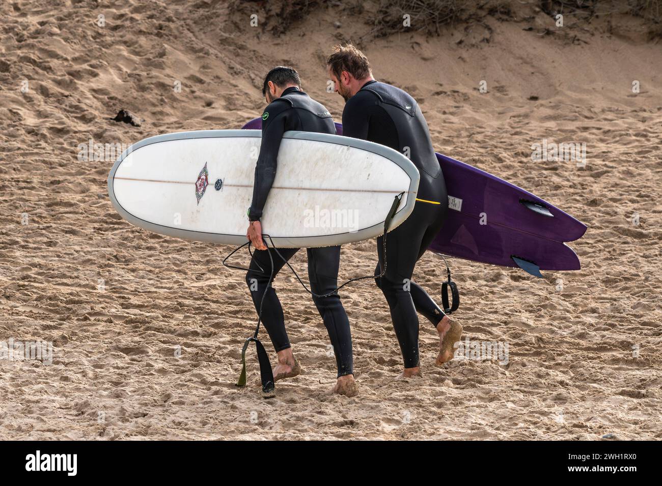 Two tired surfers carrying their surfboards after a surfing session at ...