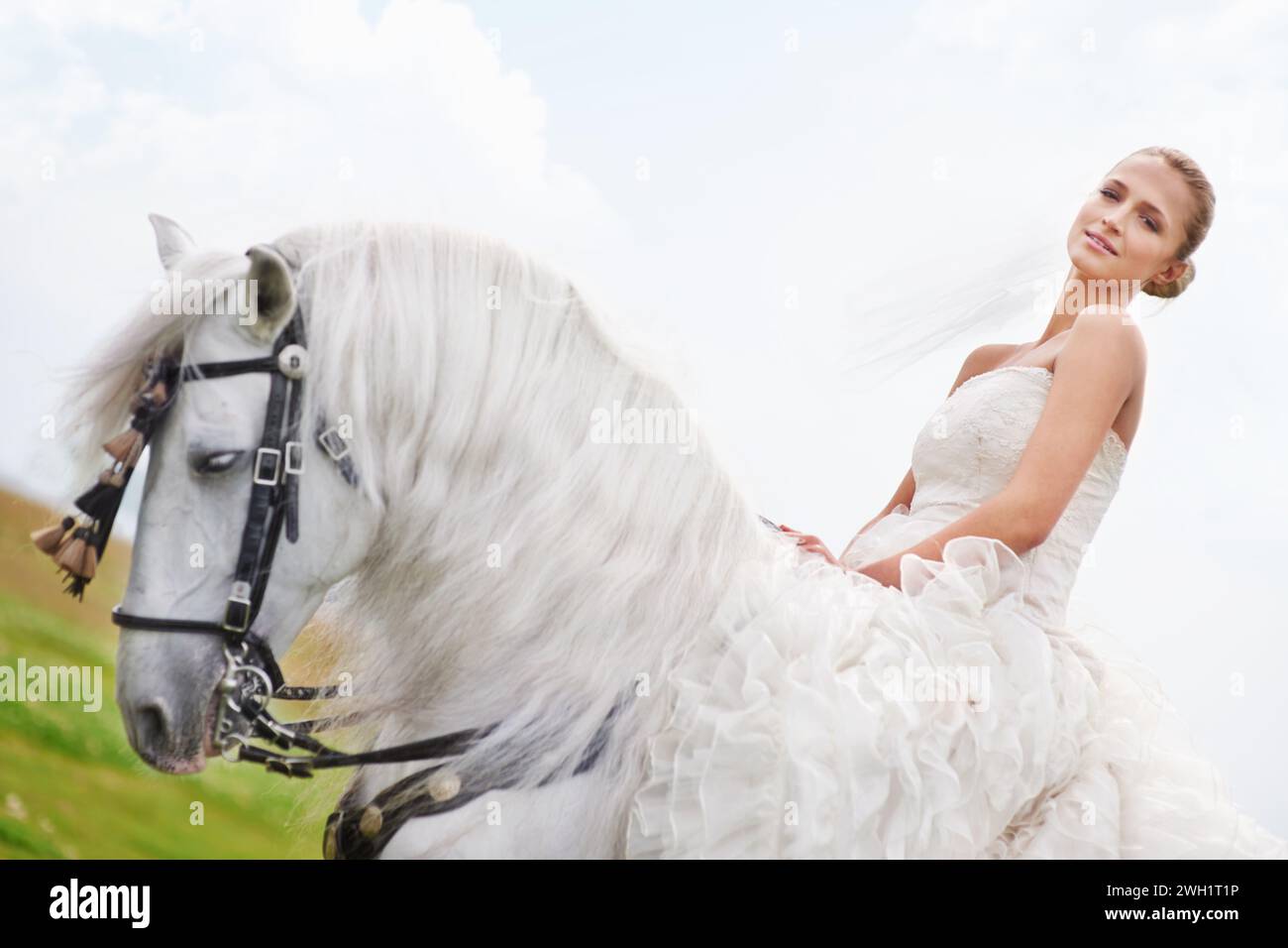 Wedding, woman and riding with horse or portrait outdoor with happiness ...