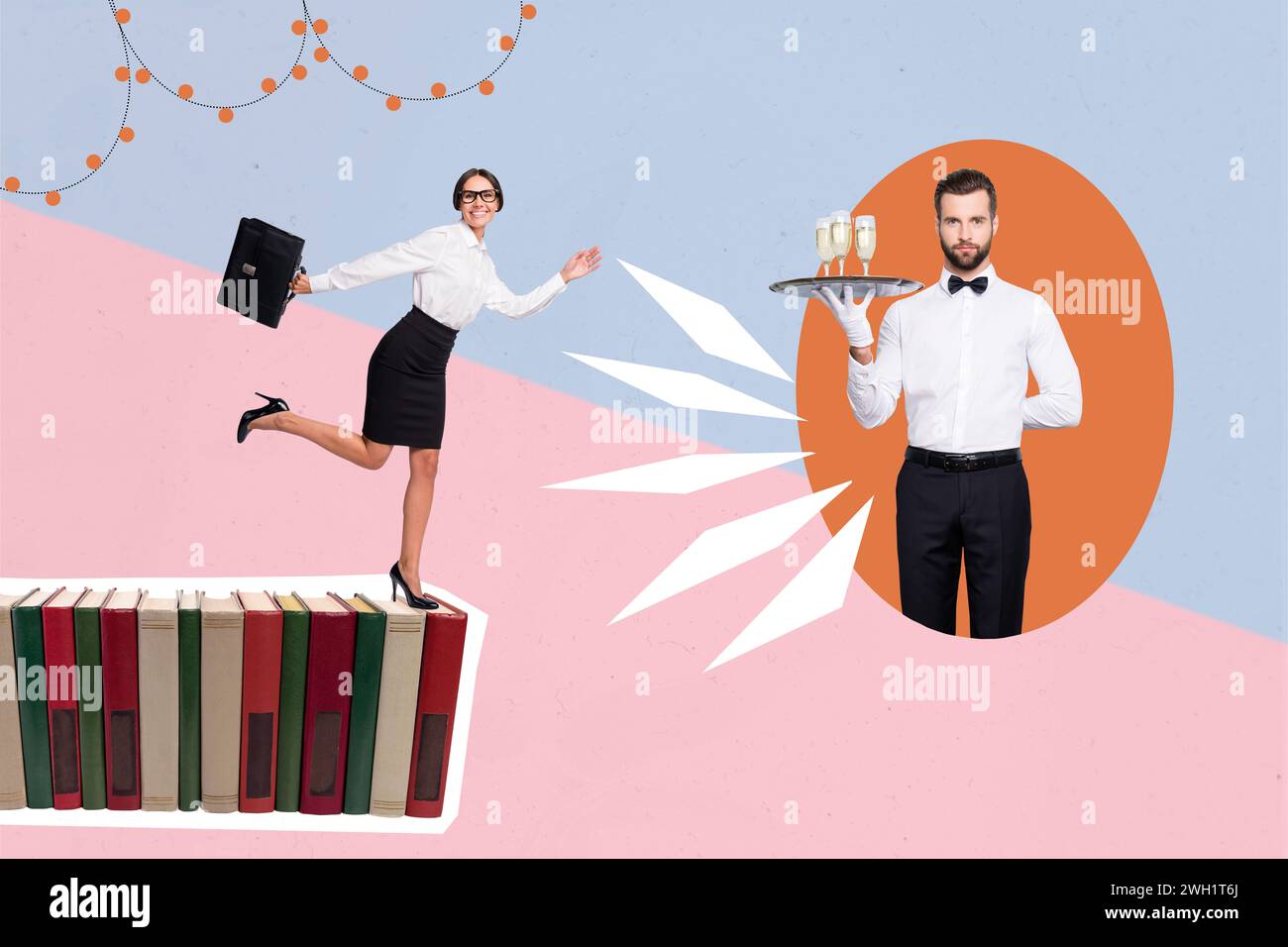 Creative drawing collage picture of girl office worker run dance enjoy ...