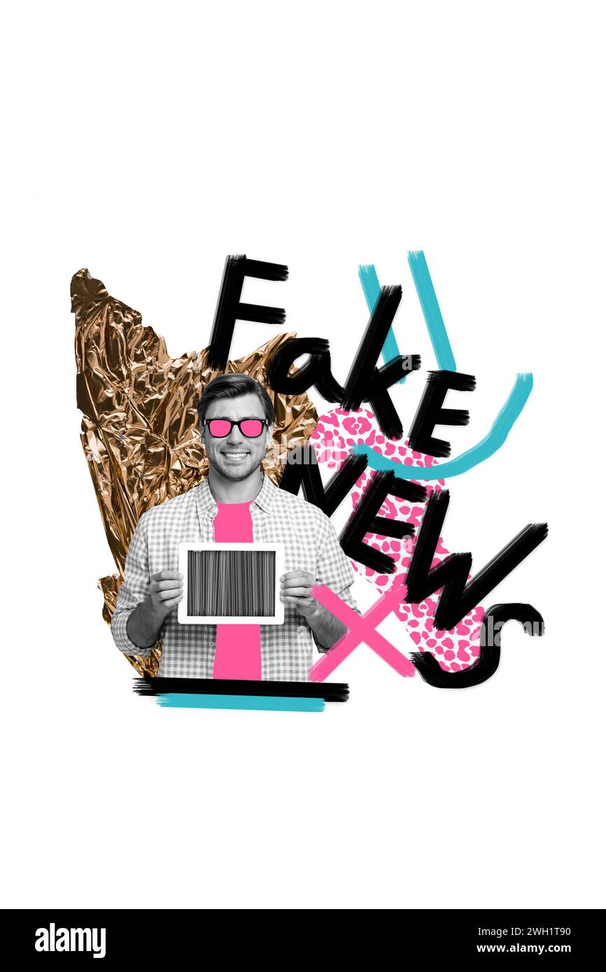 Vertical creative collage standing young man red glasses holding tablet ...