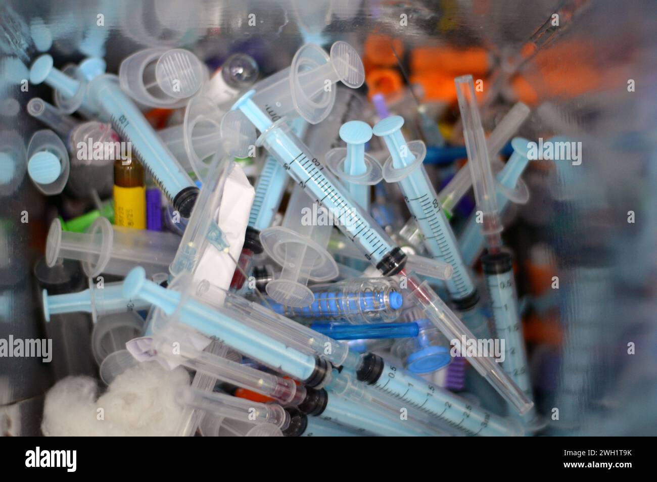 Cairo, Egypt, February 1 2024: medical waste of sharp needles, syringes ...