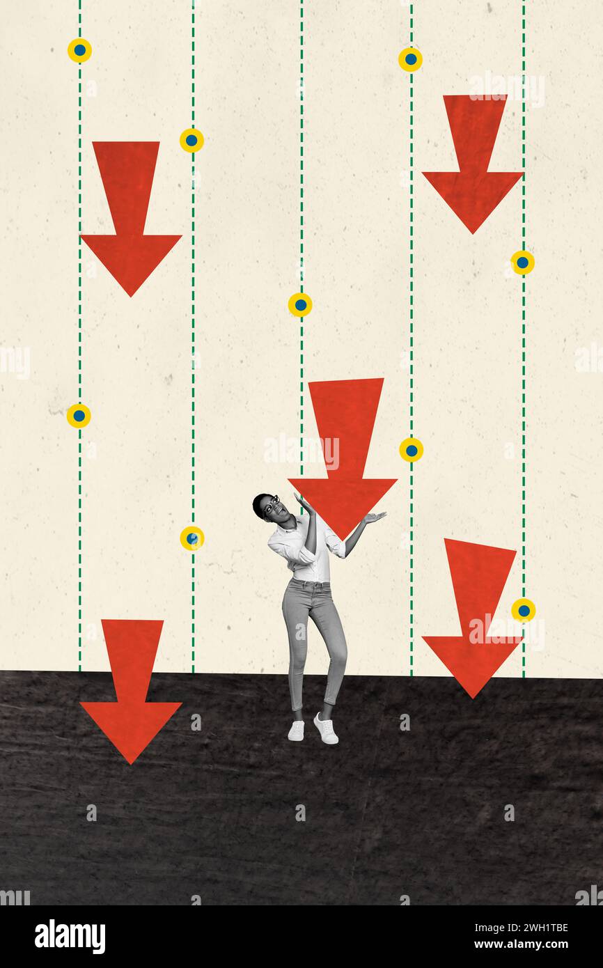 Vertical creative collage poster young cheerful woman holding huge ...