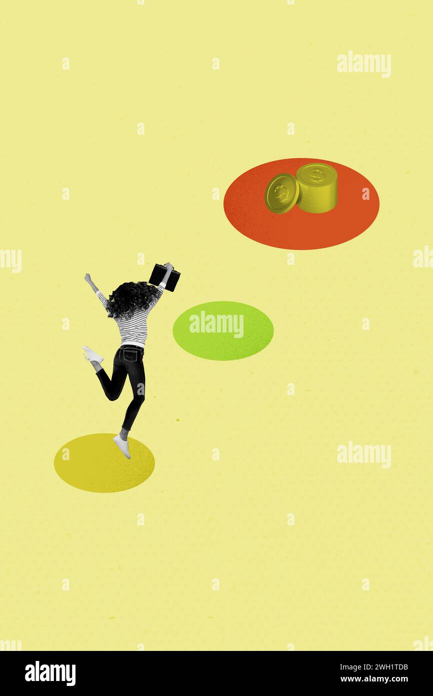 Vertical creative collage poster young businesswoman girl go upwards ...