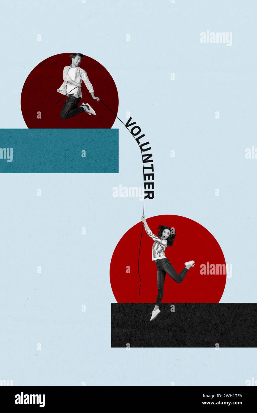 Vertical creative picture collage two young girls pull rope volunteer ...