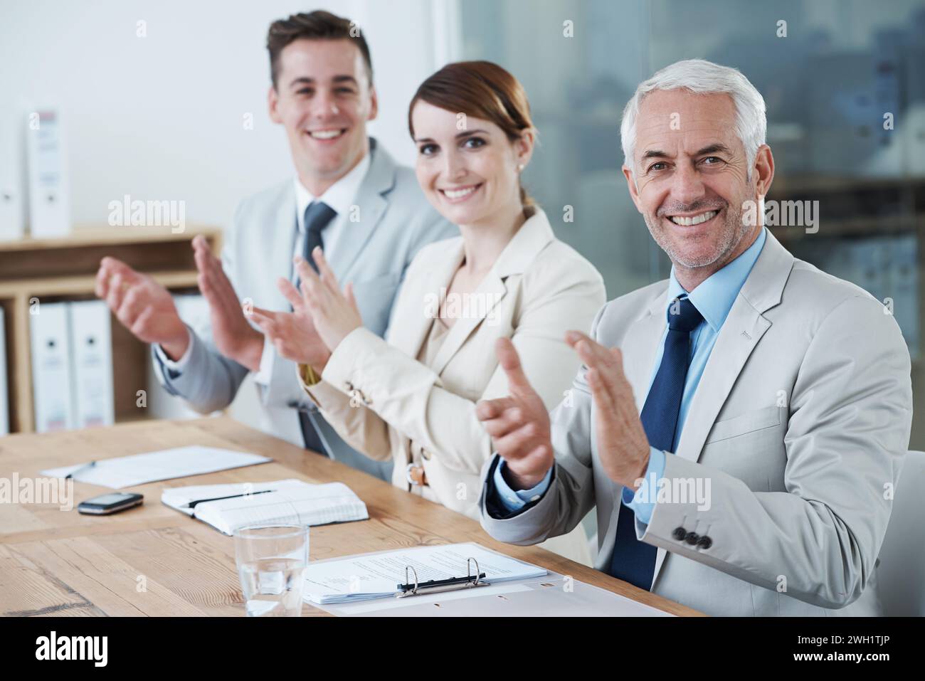 Success, portrait or business people clapping in presentation for ...