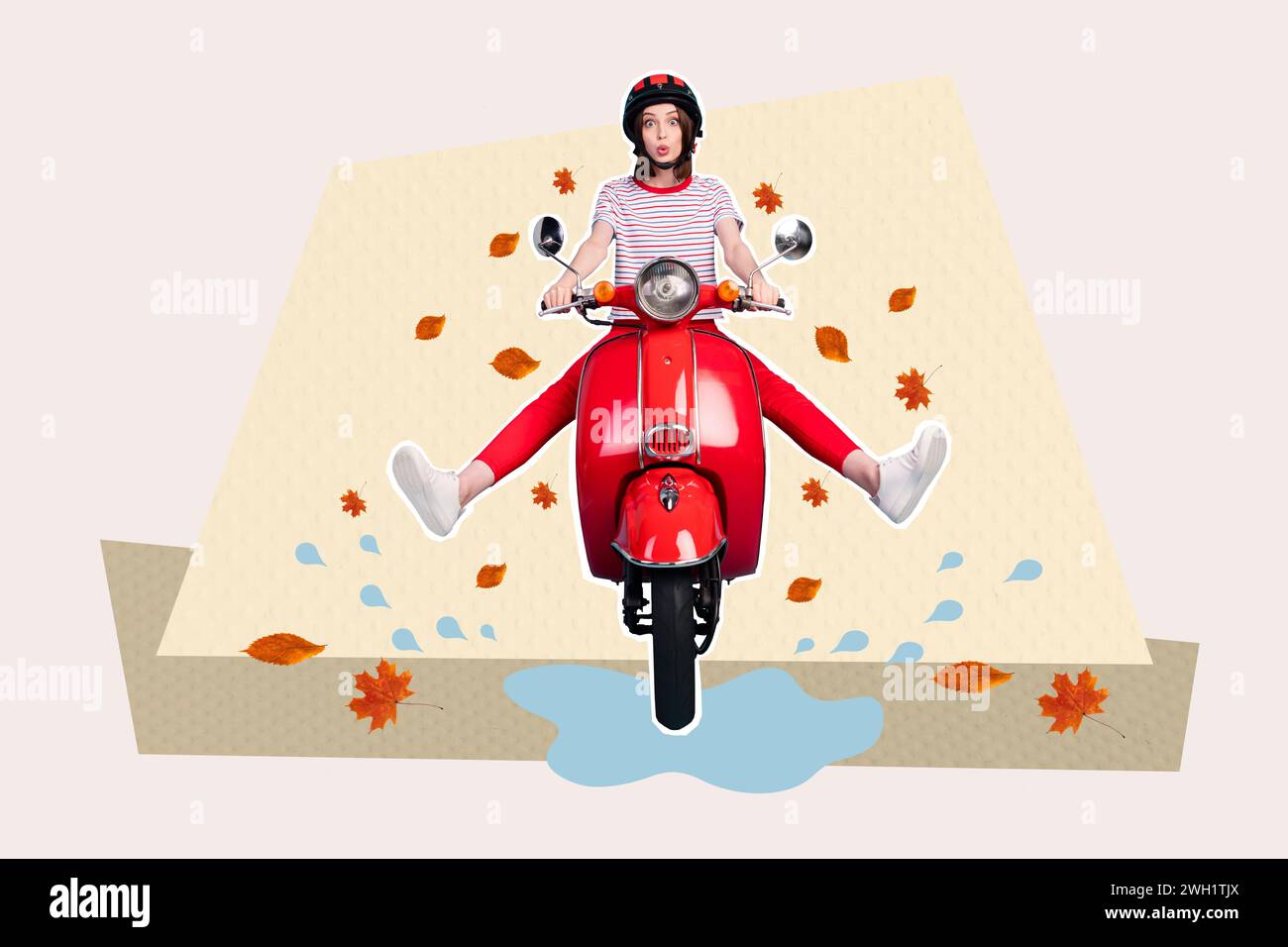 Creative poster collage of autumn season fall leaves girl ride scooter ...
