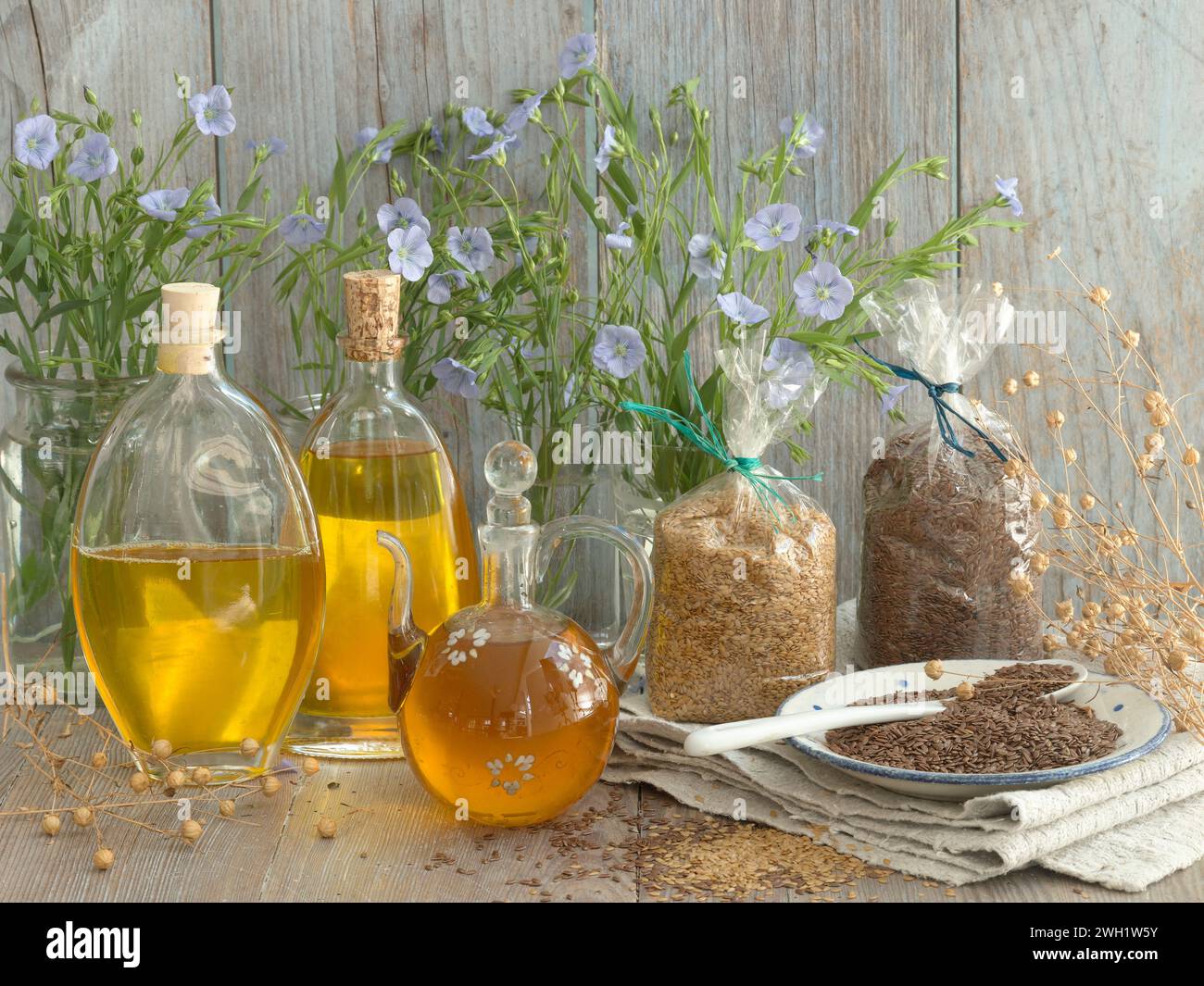 Bottles of linseed oil Stock Photo - Alamy