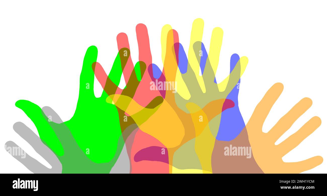 Colorful transparent silhouettes of human hands isolated on white ...