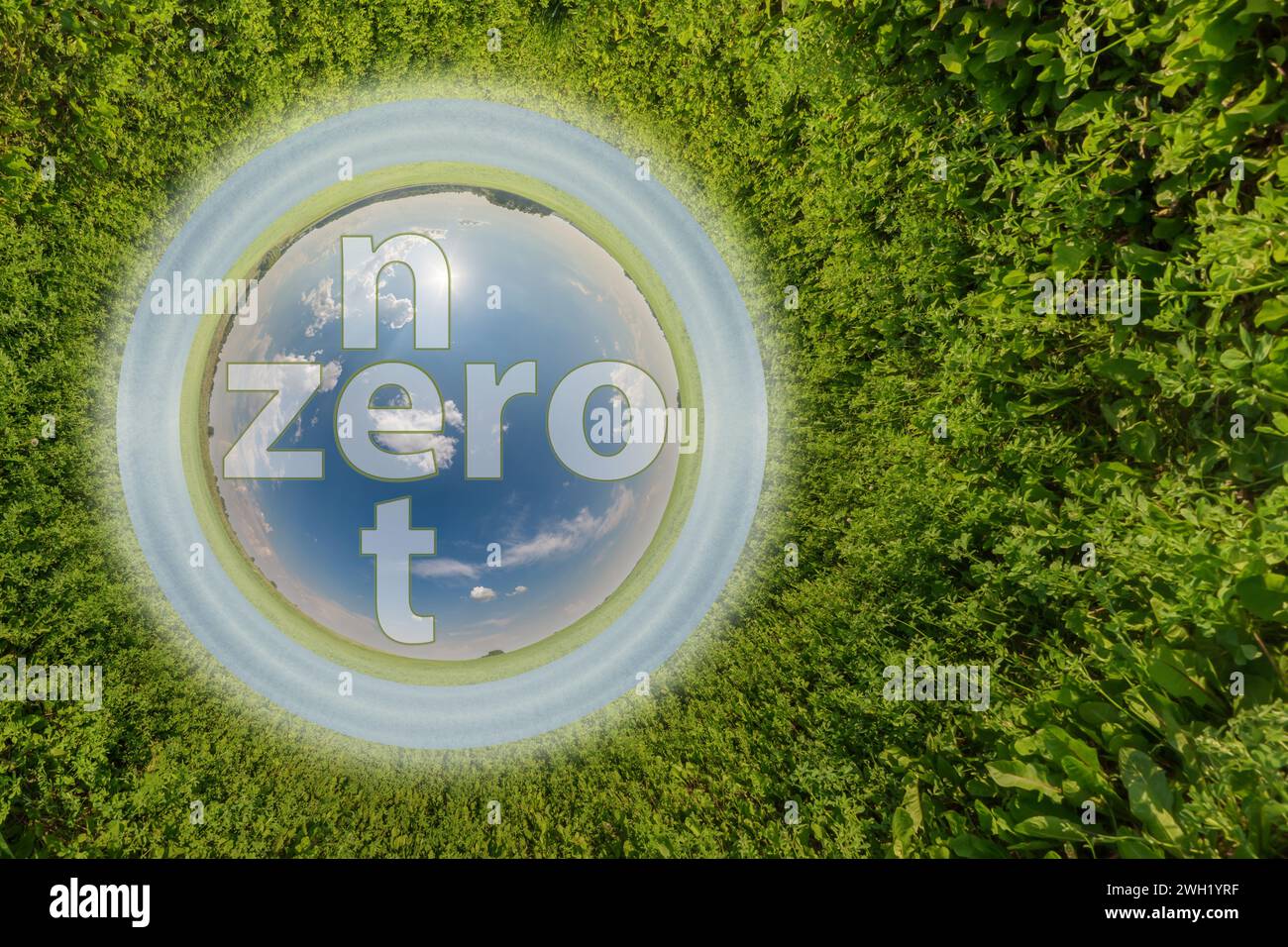 net zero text concept image against blue little planet in green grass ...