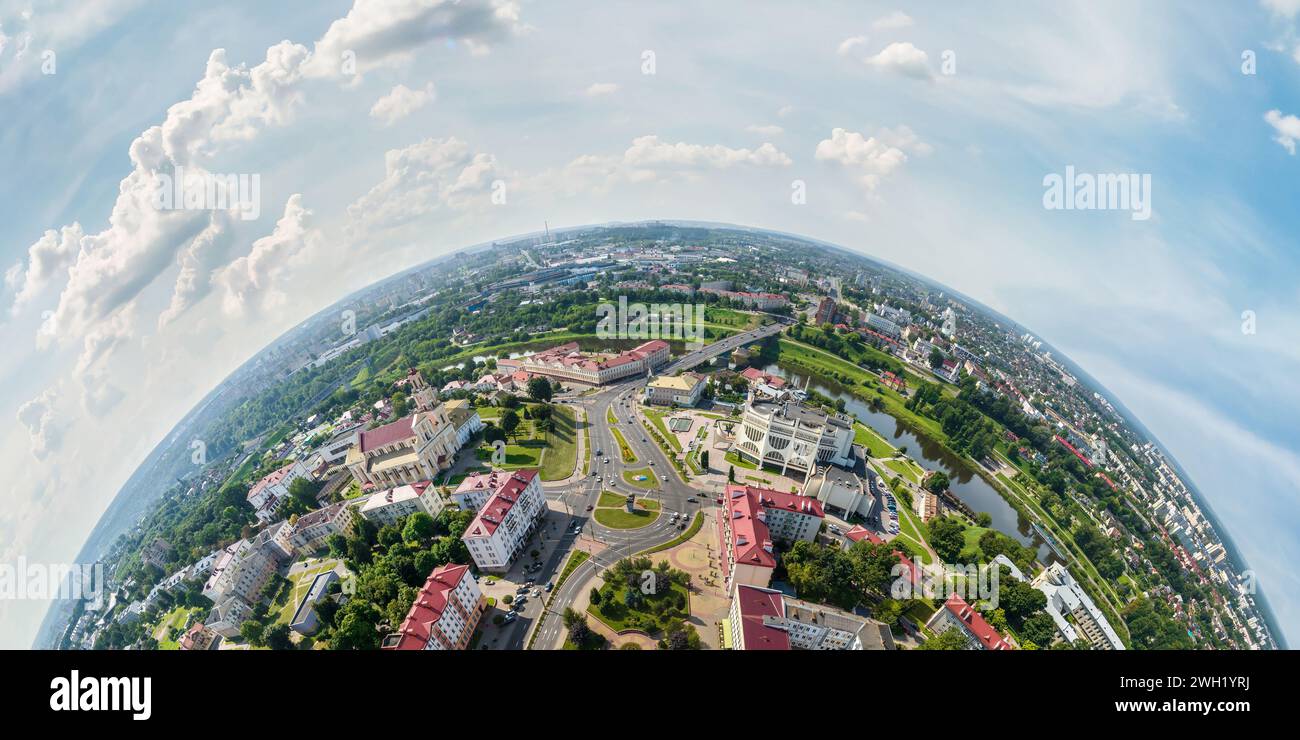 Aerial view from high altitude tiny planet in sky with clouds ...