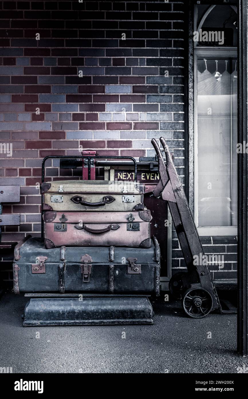 Picture by Shaun Fellows / Alamy. Vintage suitcases stacked at the ...