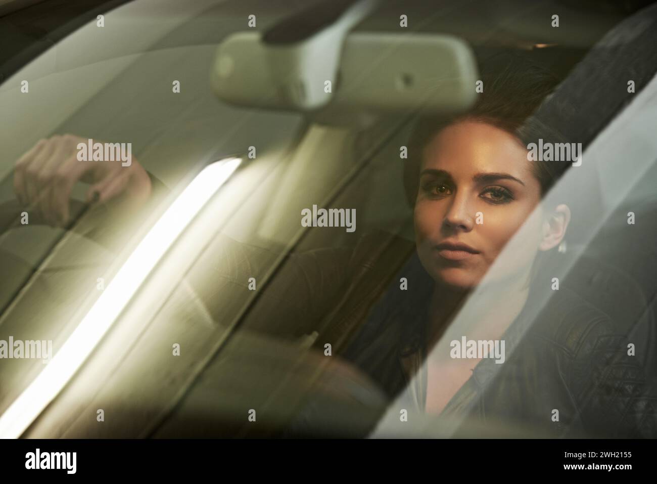 Woman, driver and look through windshield, portrait and car for ...