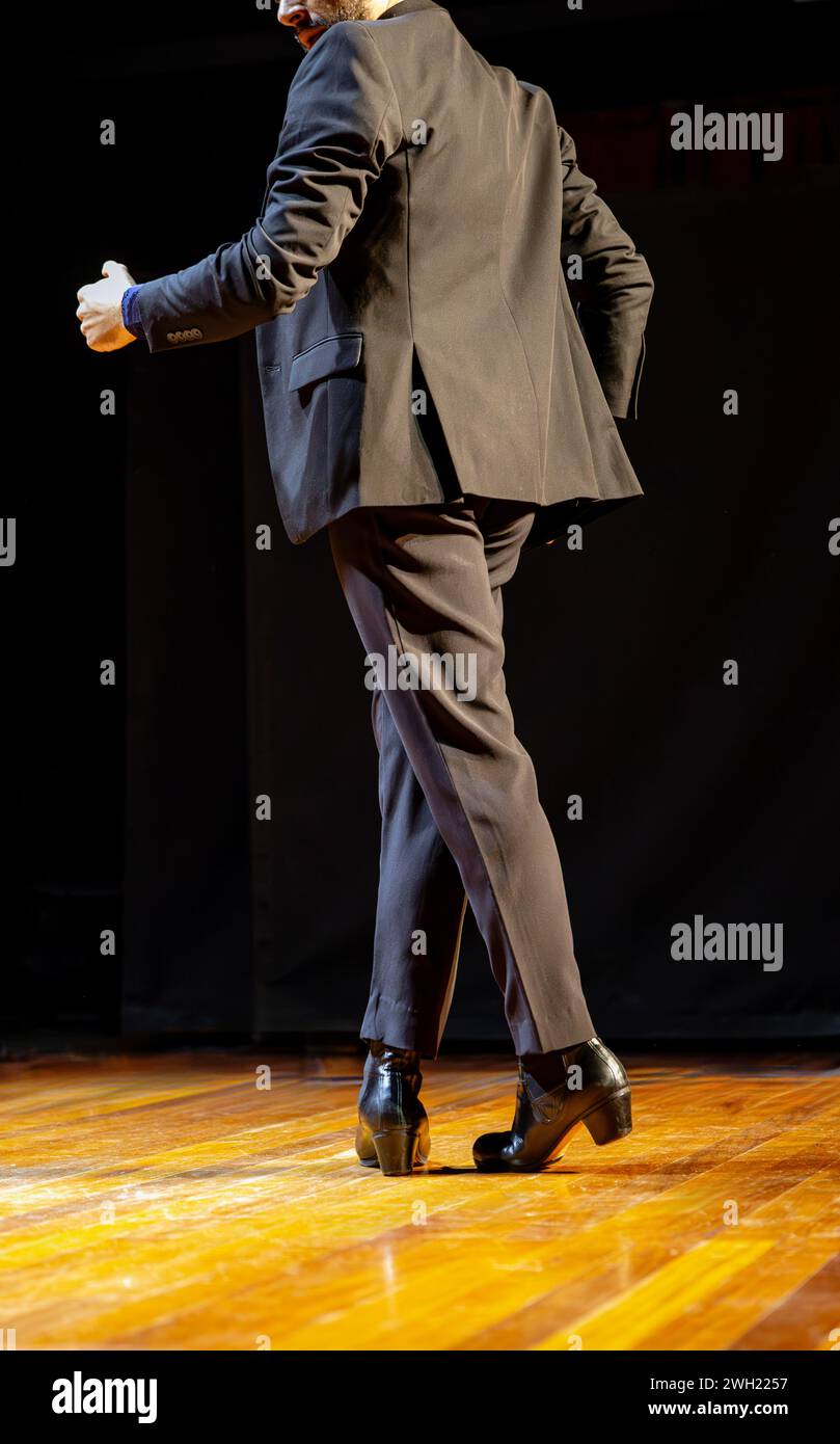 "Back view of a male flamenco dancer on stage, captured mid-pose in ...
