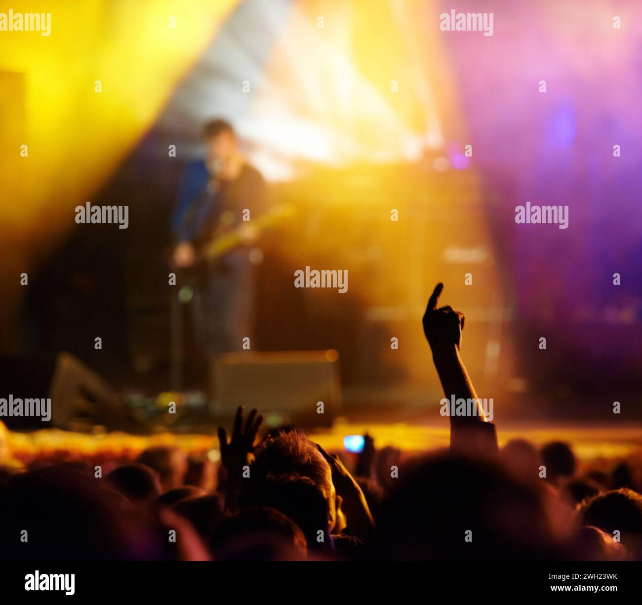Concert, audience and hands in crowd with band for music festival ...